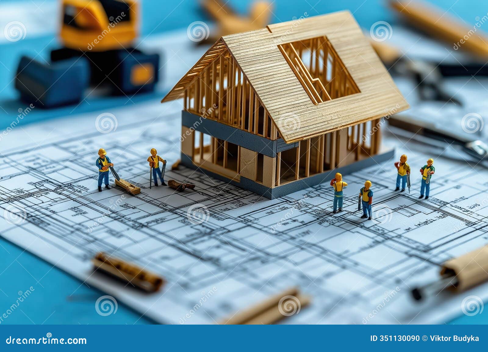 Miniature Construction Workers Build House Model on Blueprints ...
