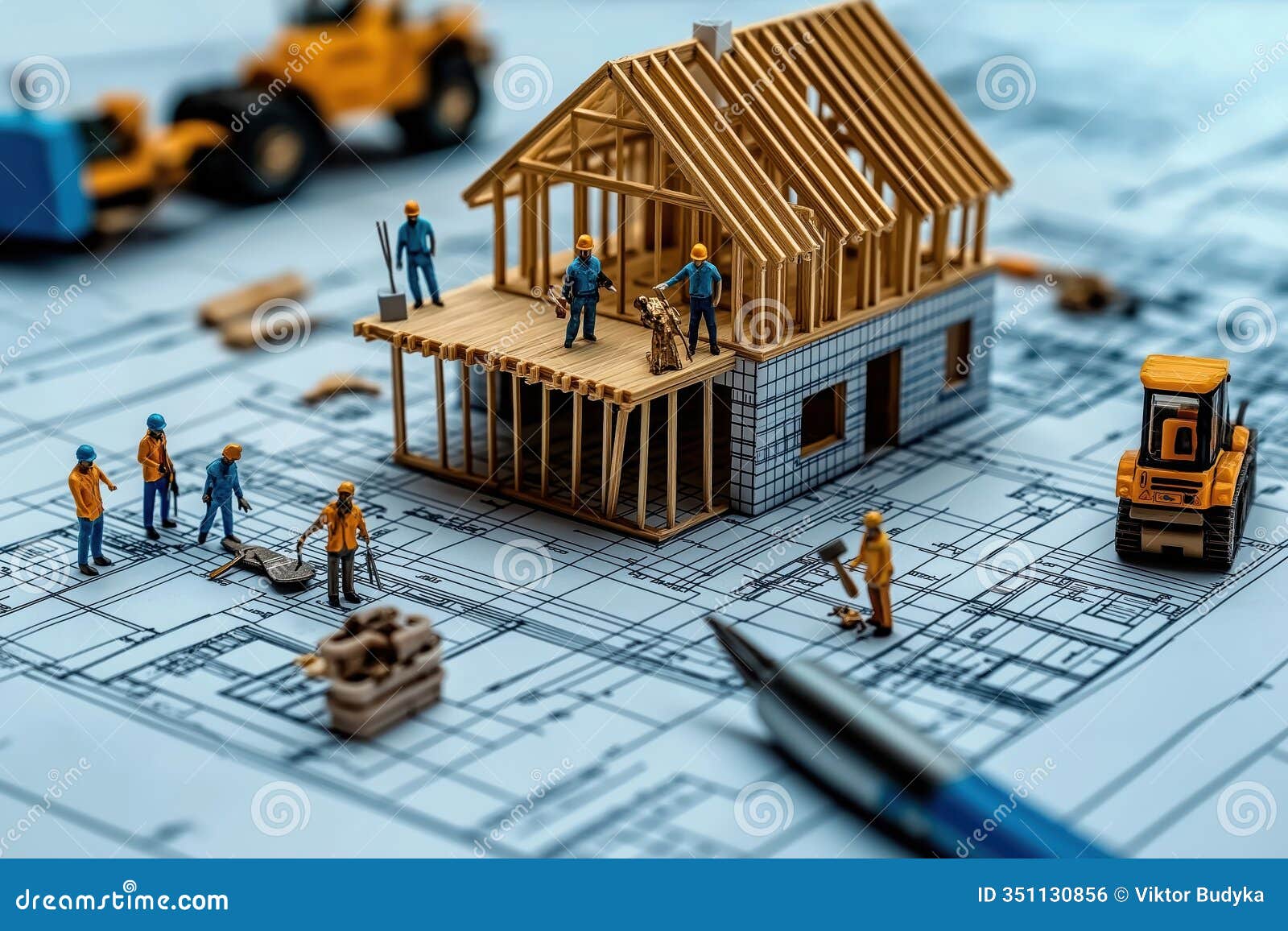Miniature Construction Workers Build Tiny House Model on Blueprint ...