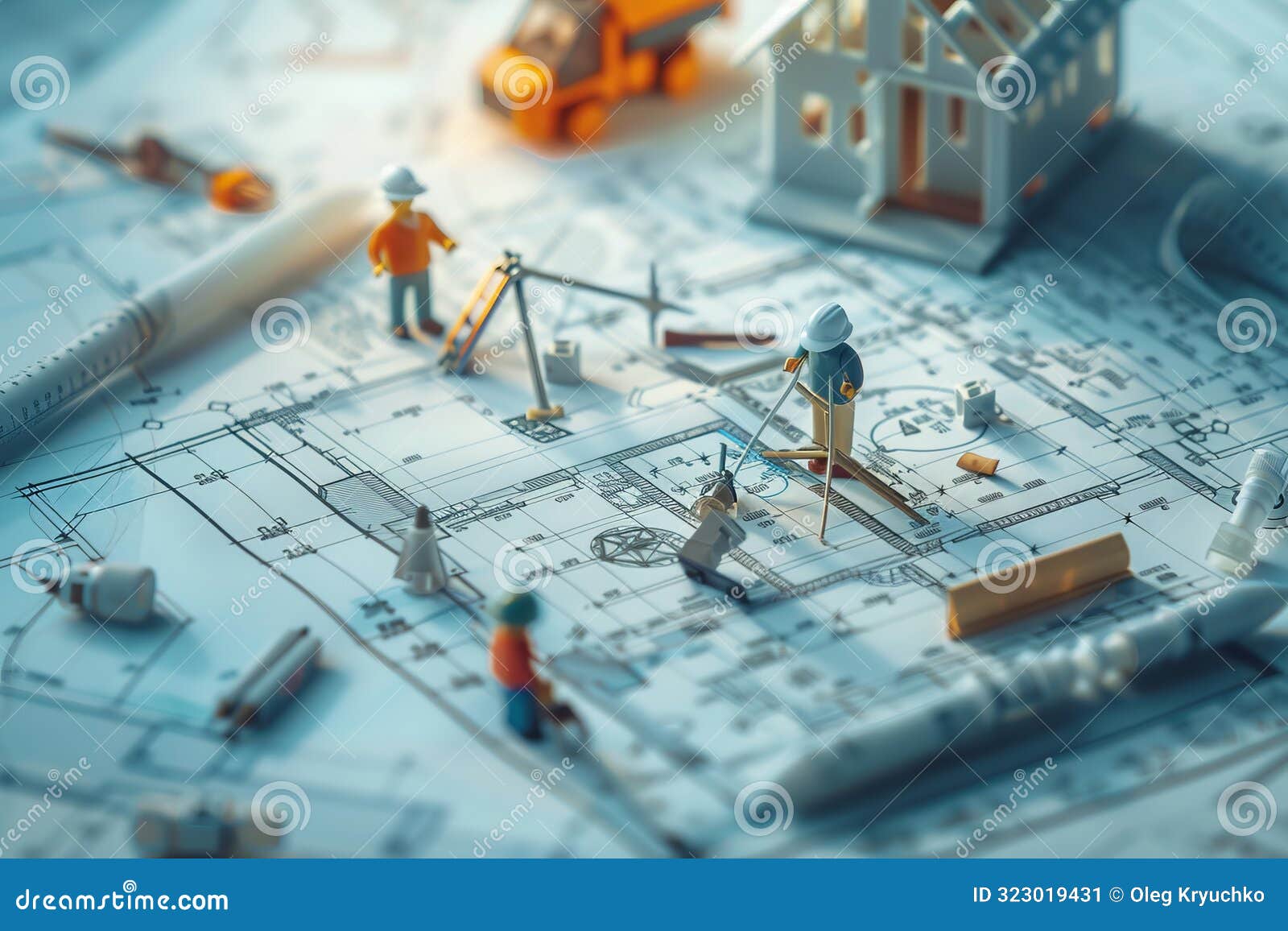 Miniature Construction Workers on Detailed Architectural Blueprints ...