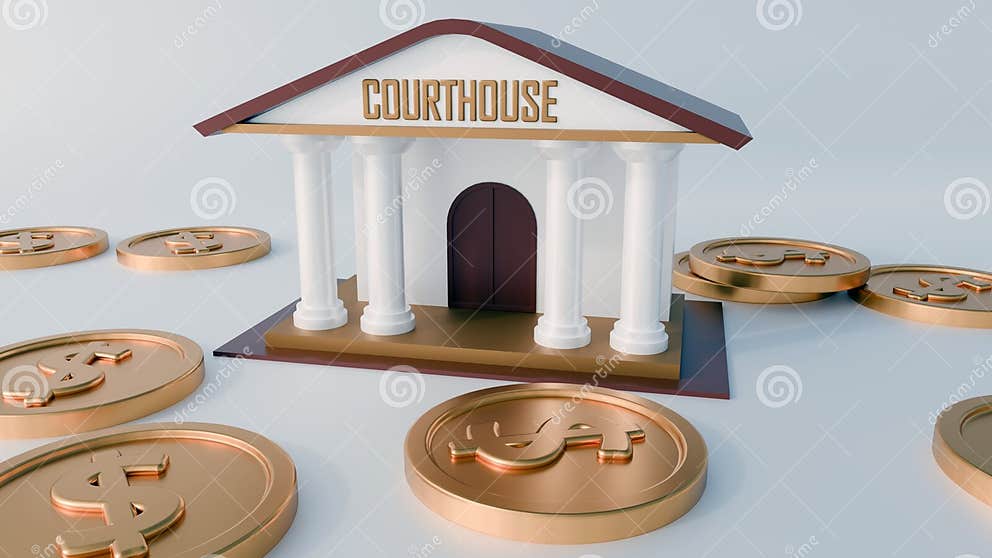 A Miniature Courthouse and Scattered Gold Coins Stock Illustration ...