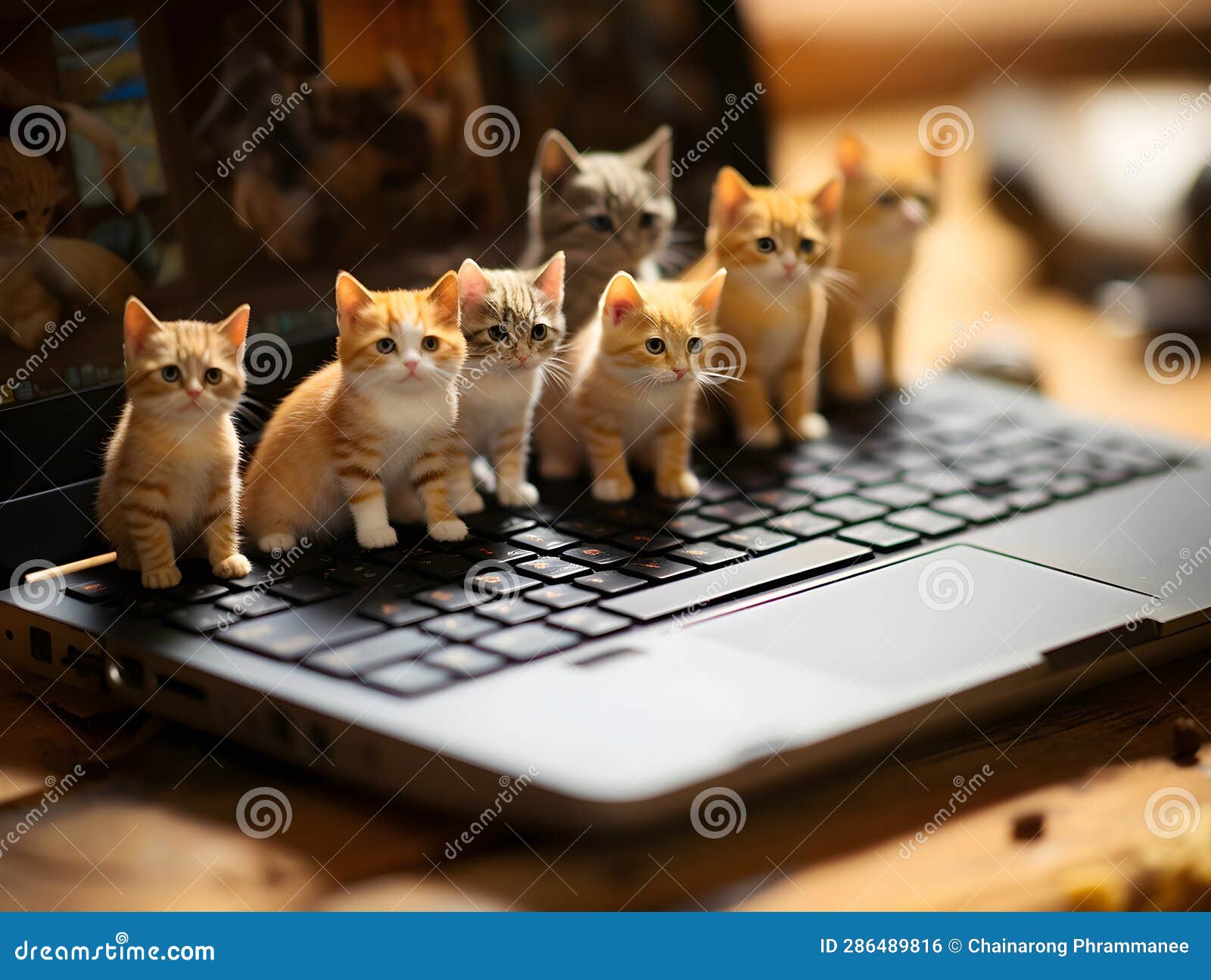 Miniature Cute Cats and Computer, Generative Ai Stock Illustration ...