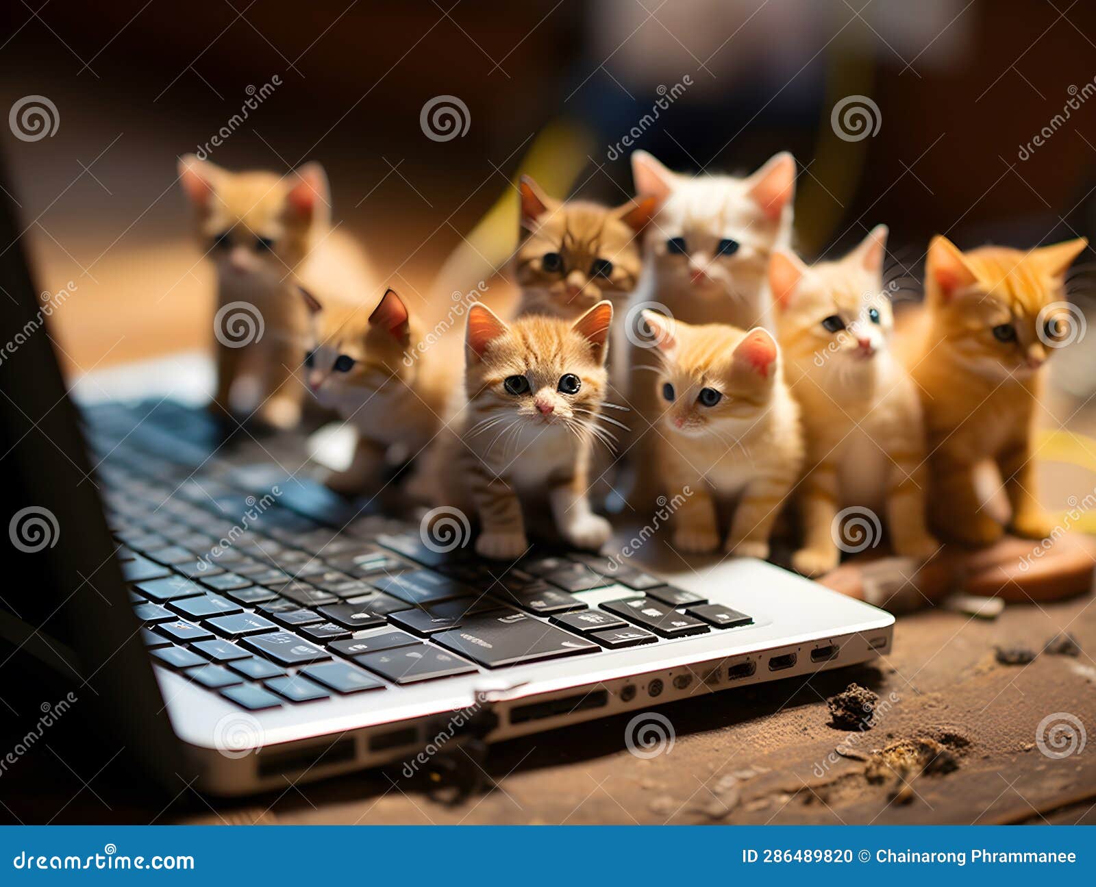 Miniature Cute Cats and Computer, Generative Ai Stock Illustration ...