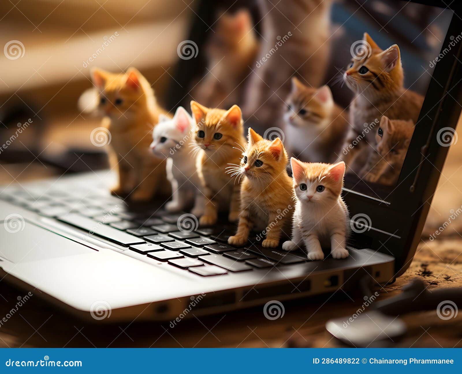 Miniature Cute Cats and Computer, Generative Ai Stock Illustration ...