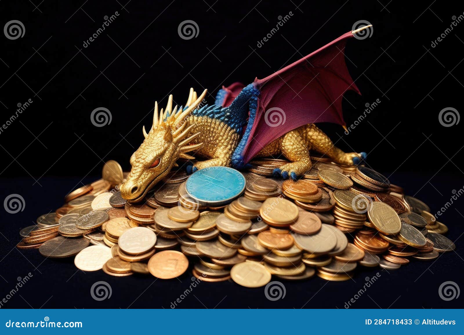 Miniature Dragon Sleeping on a Pile of Gold Coins Stock Image - Image ...