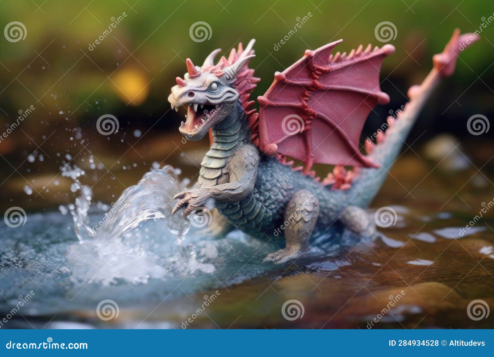 Miniature Dragon Splashing in a Shallow Pond, Having Fun Stock ...
