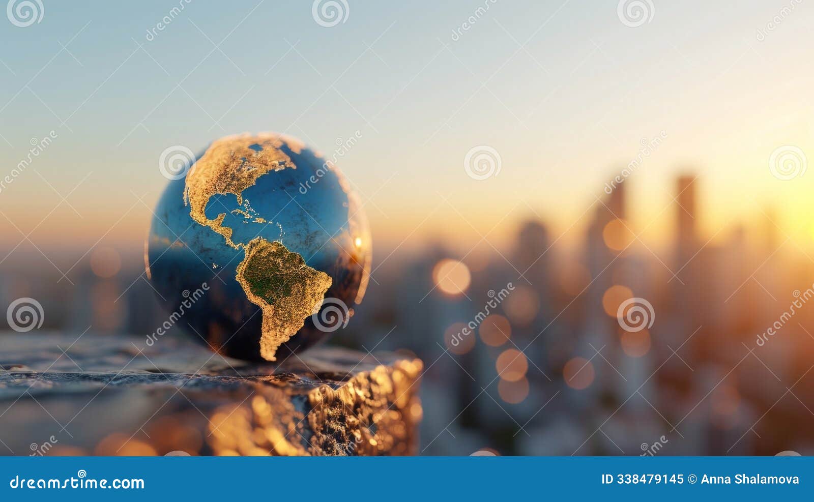 Miniature Earth Globe On Rock With Urban Skyline And Sunset Background ...