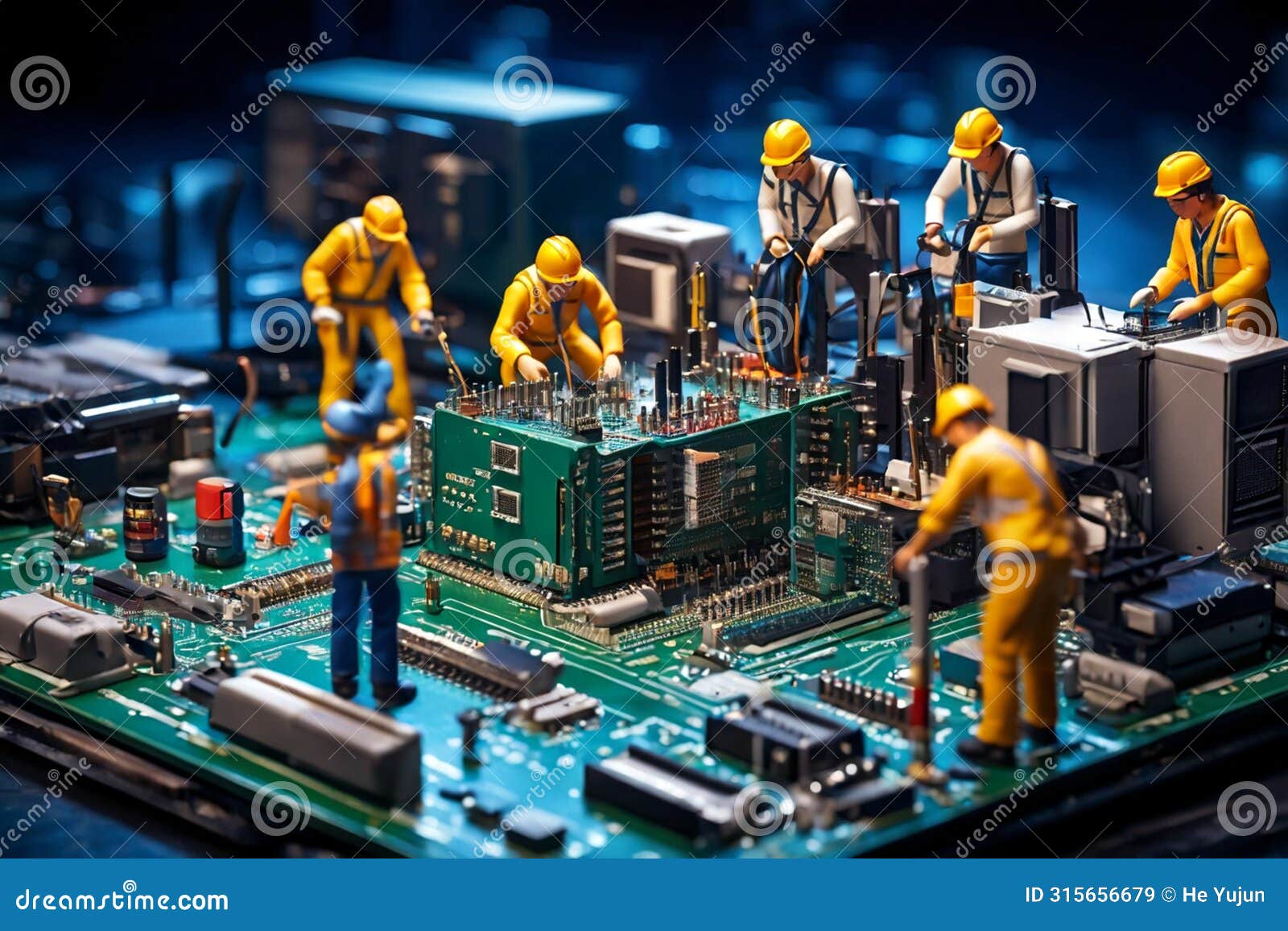 Miniature Engineers Fixing Computer Stock Illustration - Illustration ...