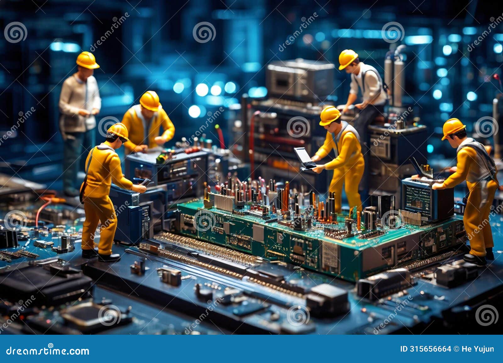 Miniature Engineers Fixing Computer Stock Illustration - Illustration ...