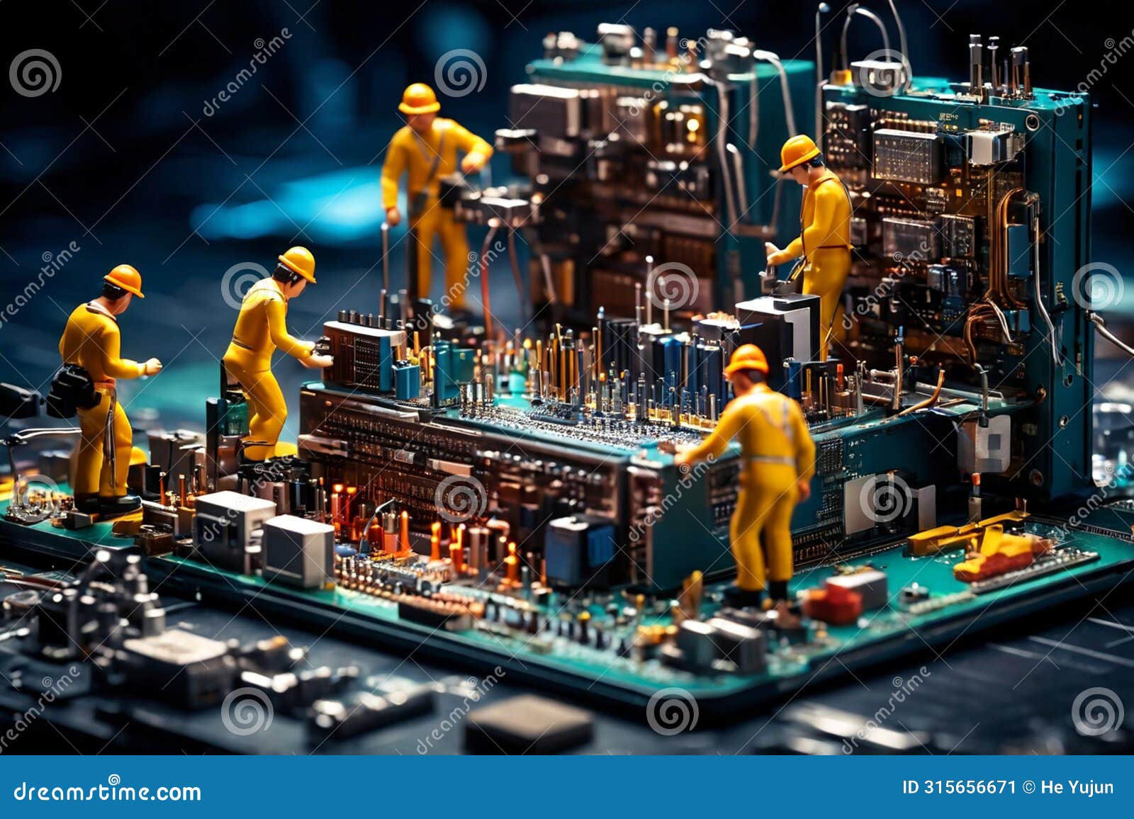 Miniature Engineers Fixing Computer Stock Illustration - Illustration ...