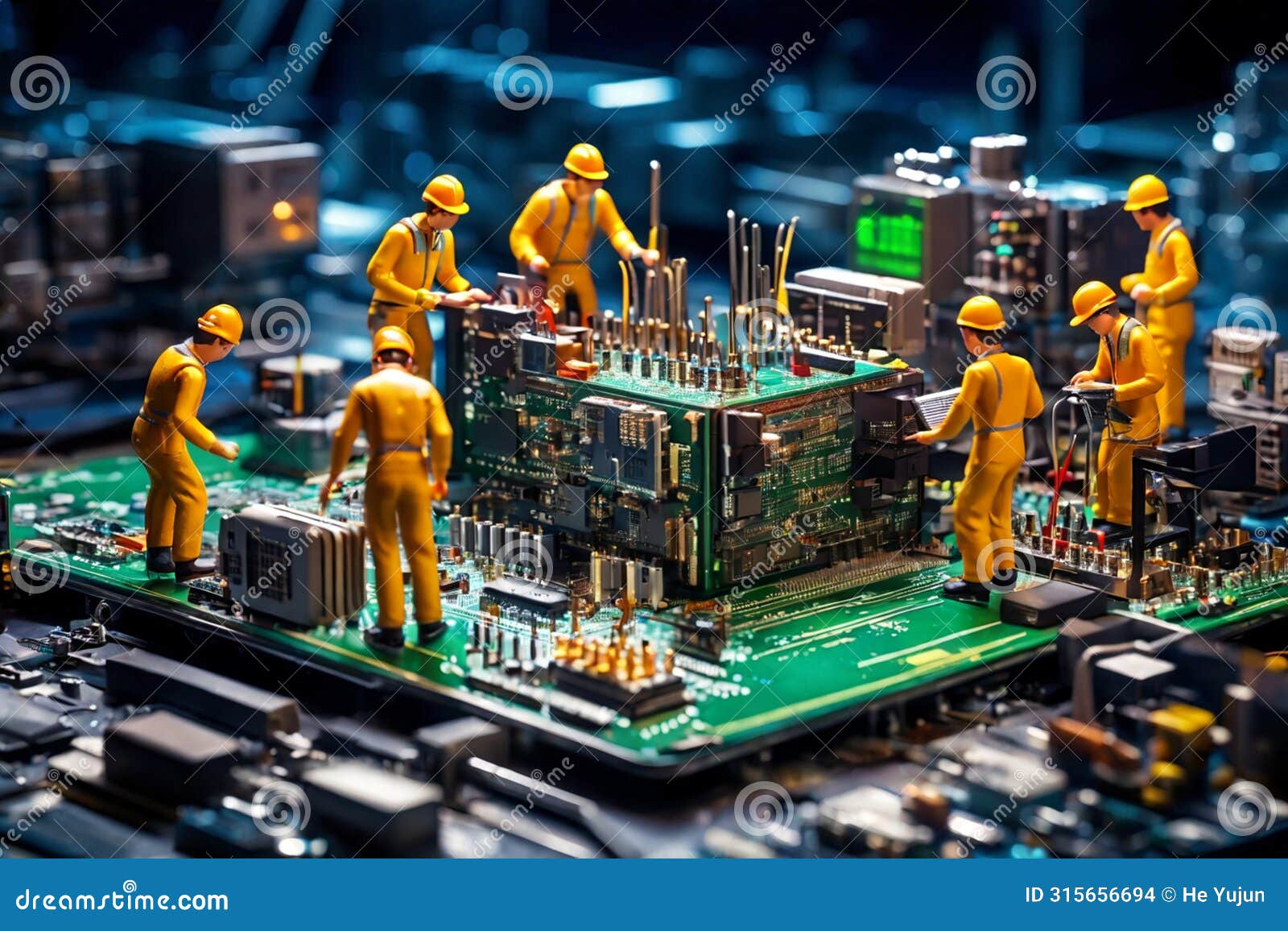 Miniature Engineers Fixing Computer Stock Illustration - Illustration ...