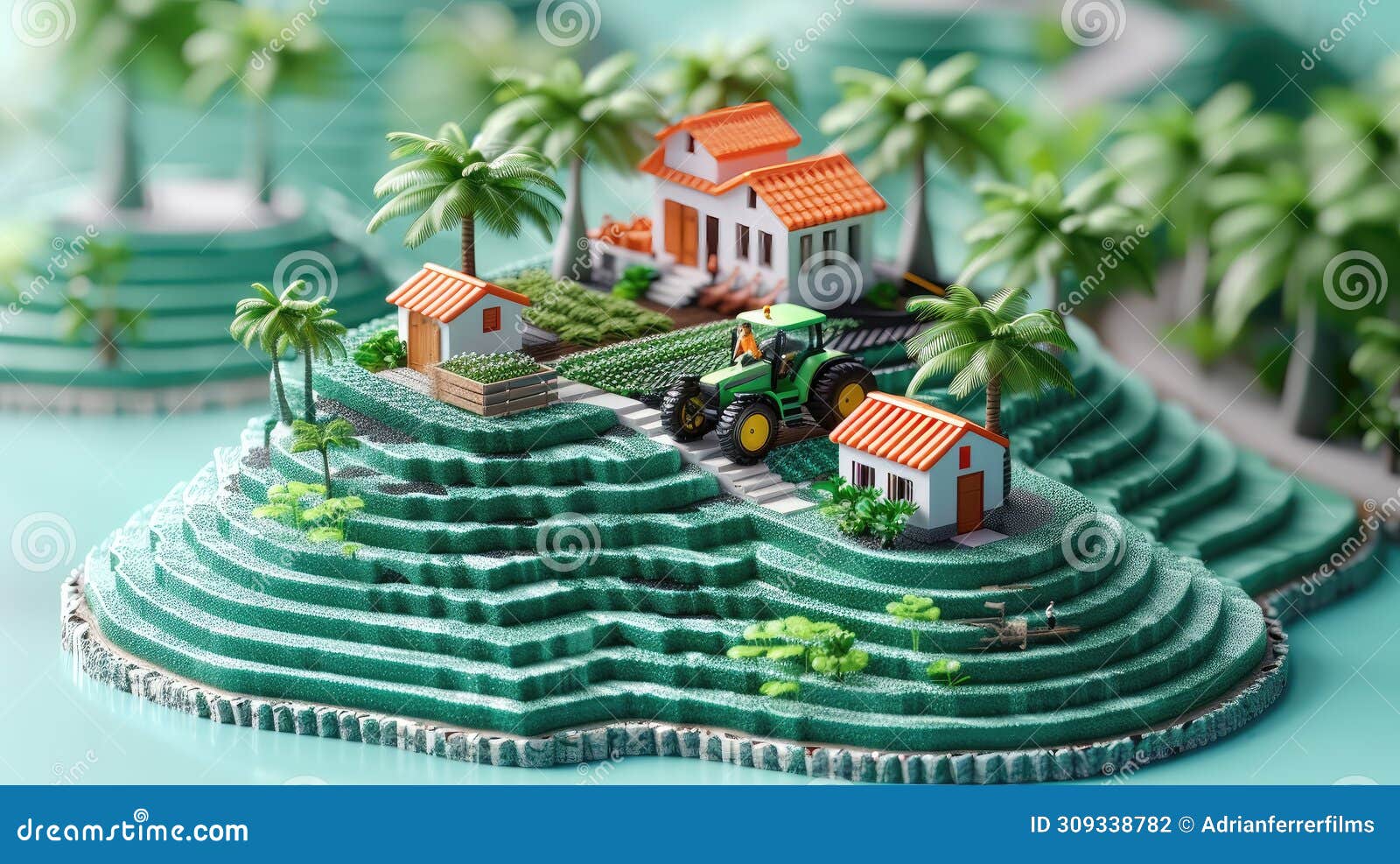 Miniature Farm Scene on Terraced Fields with Houses and a Tractor ...