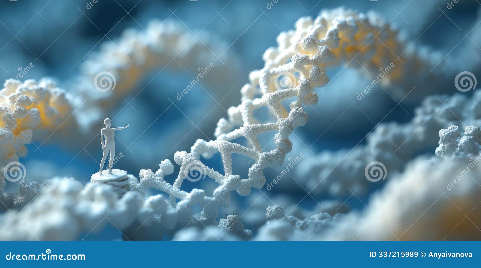 Miniature Figure Exploring Twisted DNA Helix in a Blue Abstract ...