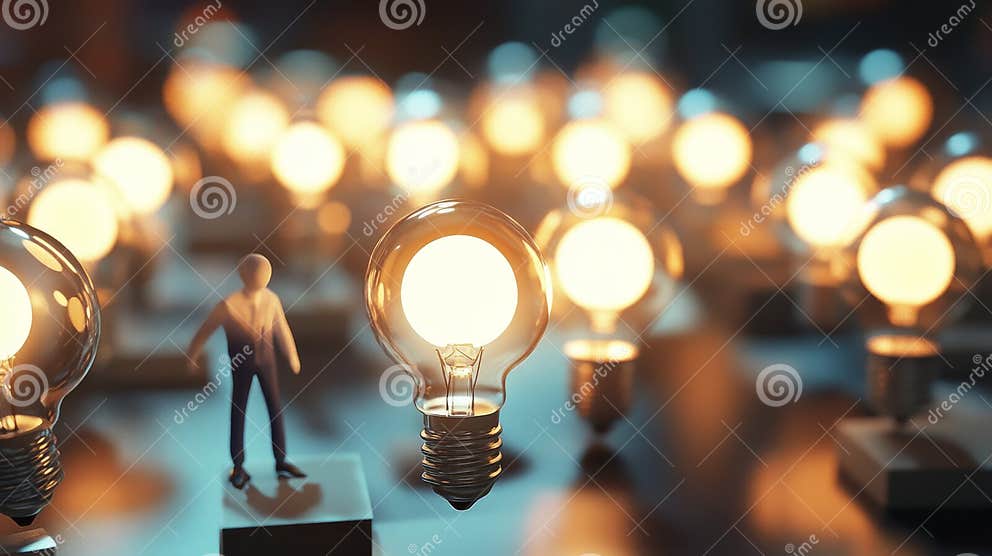Miniature Figure Standing among Glowing Light Bulbs Symbolizing ...