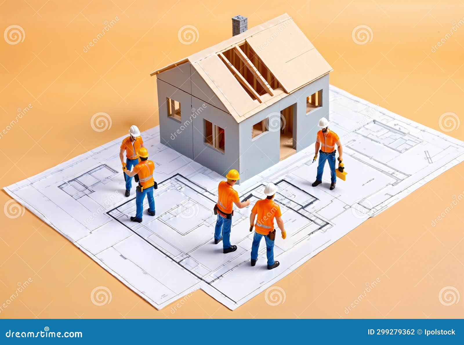 Miniature Figures Construction Workers Working on a Blueprint. Suitable ...