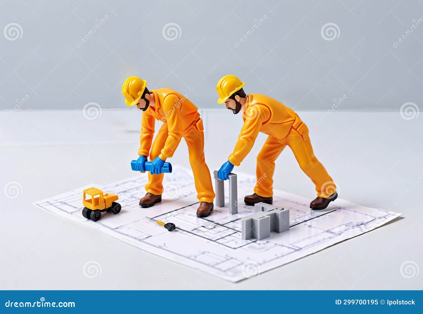 Miniature Figures Construction Workers Working on a Blueprint. Suitable ...