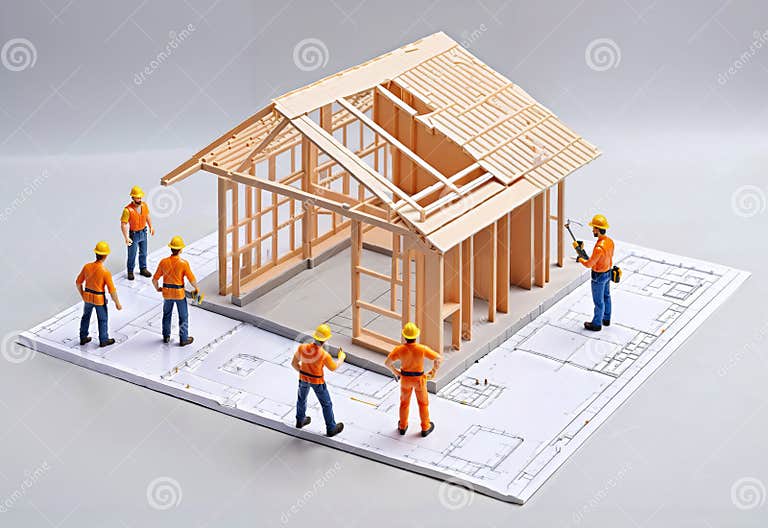 Miniature Figures Construction Workers Working on a Blueprint. Suitable ...