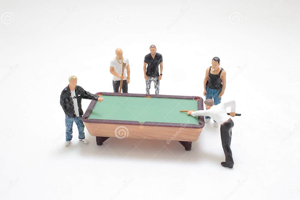 Miniature Figures Playing Pool on Table in White Background Stock Image ...