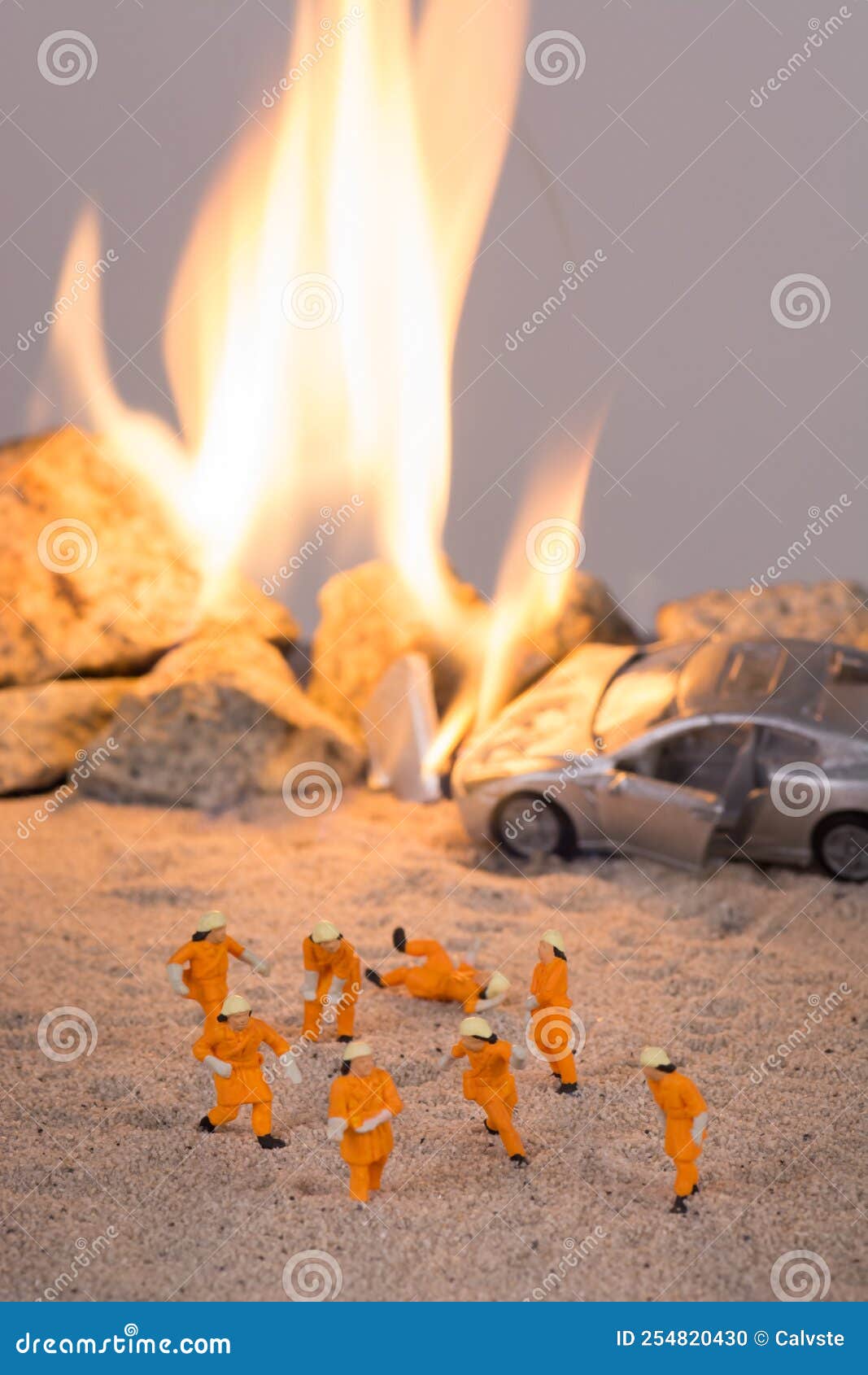 Miniature Firefighters Practicing Safety Fire Drill at a Car Accident ...