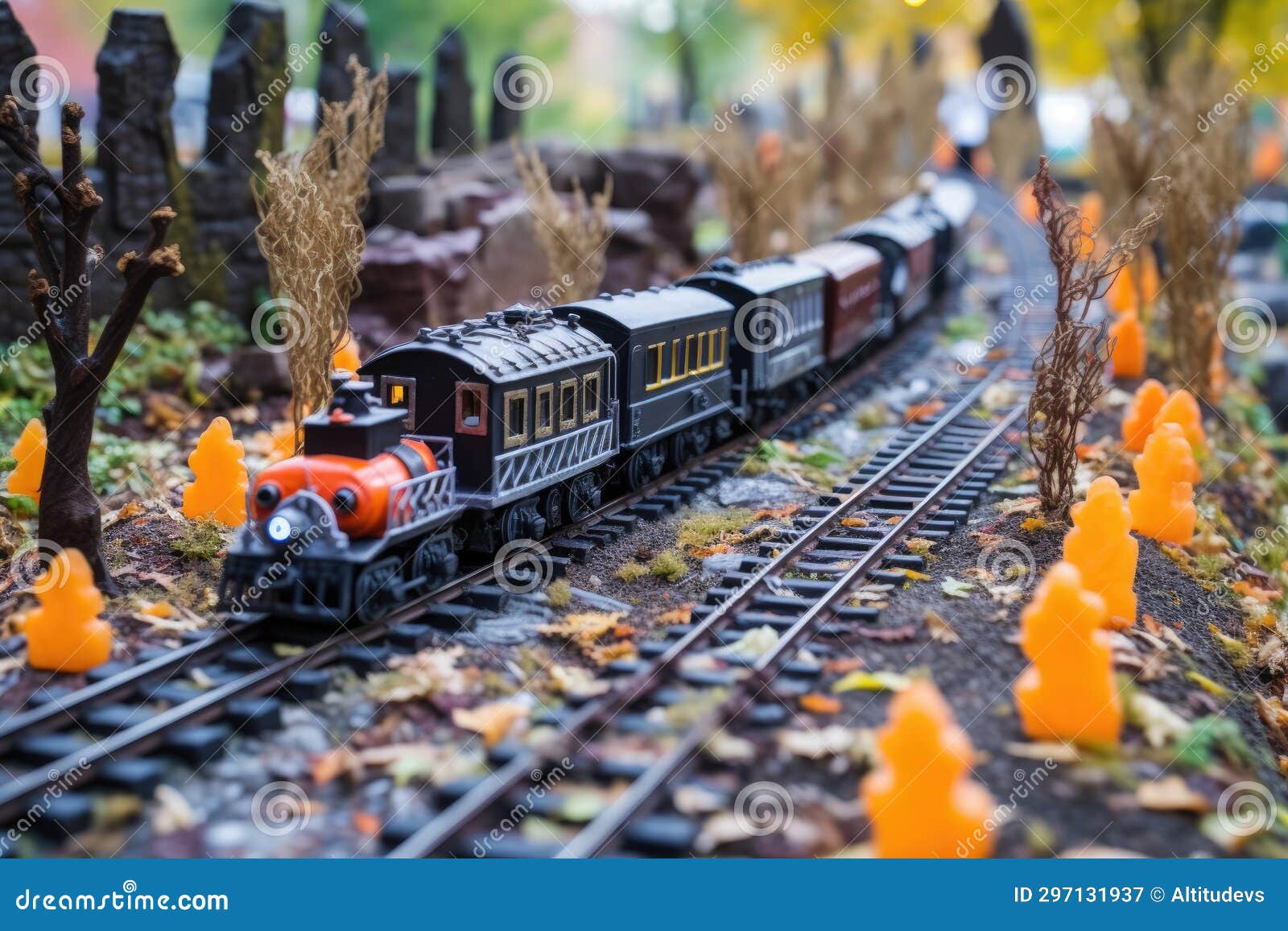 Miniature Halloween Ghost Train on Track Lined with Gravestones Stock ...