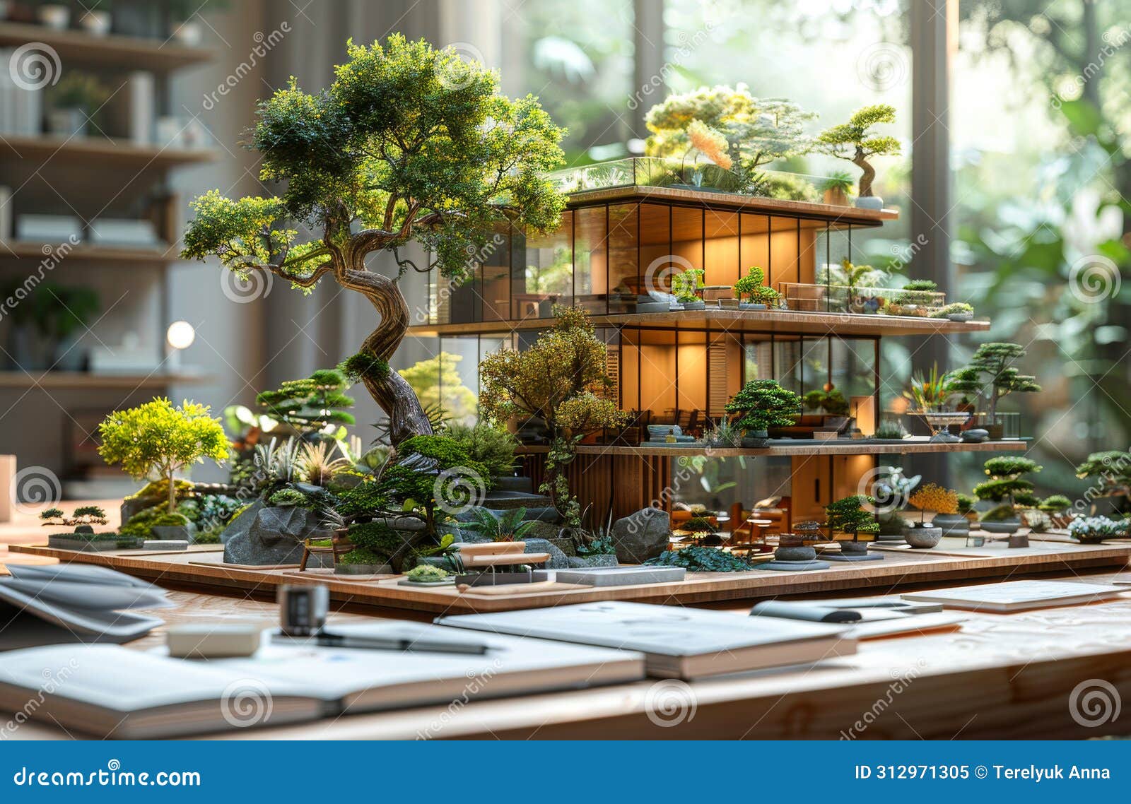 Miniature House. Bonsai Tree and Bonzai on the Table Stock Image ...