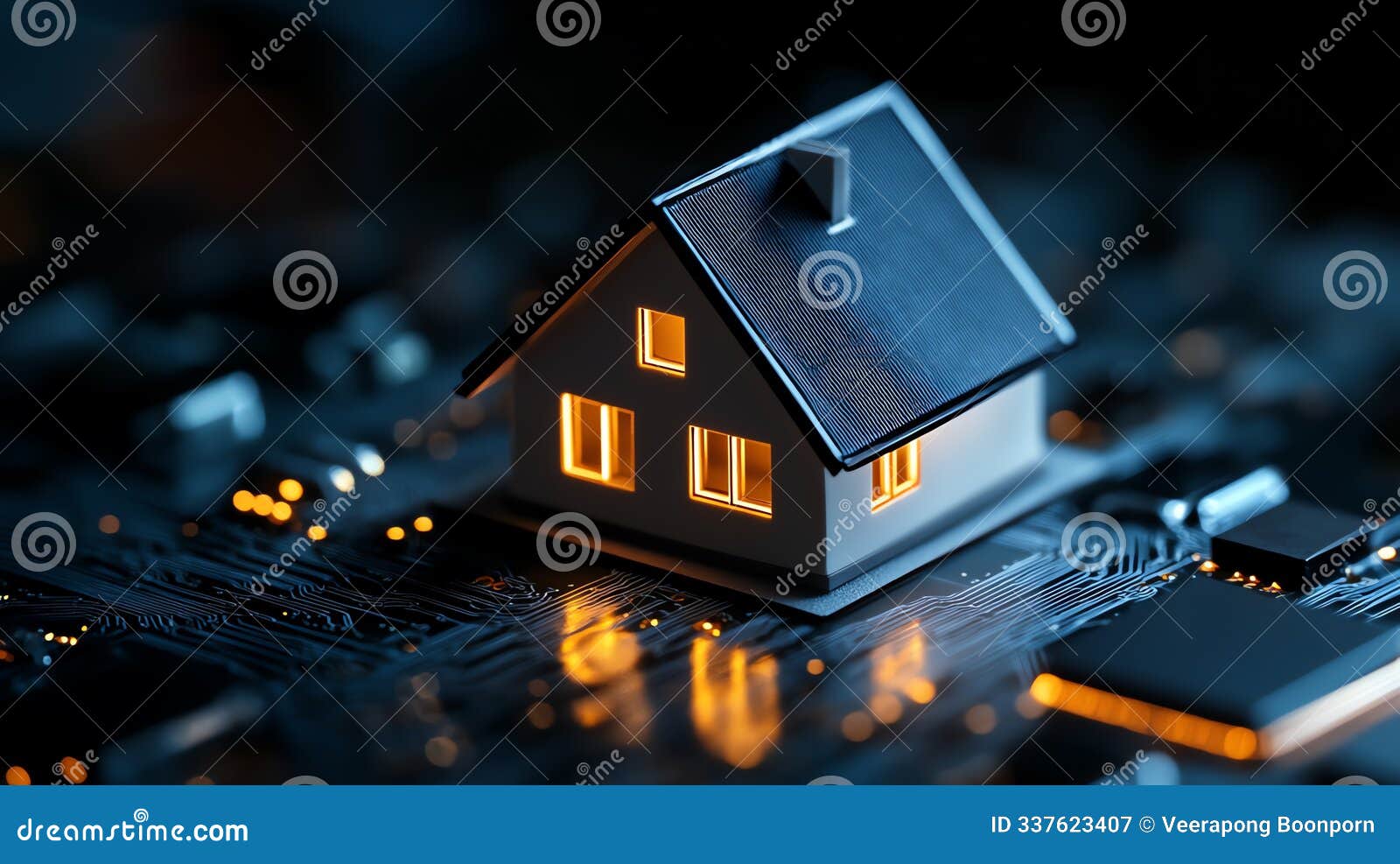 Miniature House on Circuit Board with Glowing Windows, Showcasing Tech ...