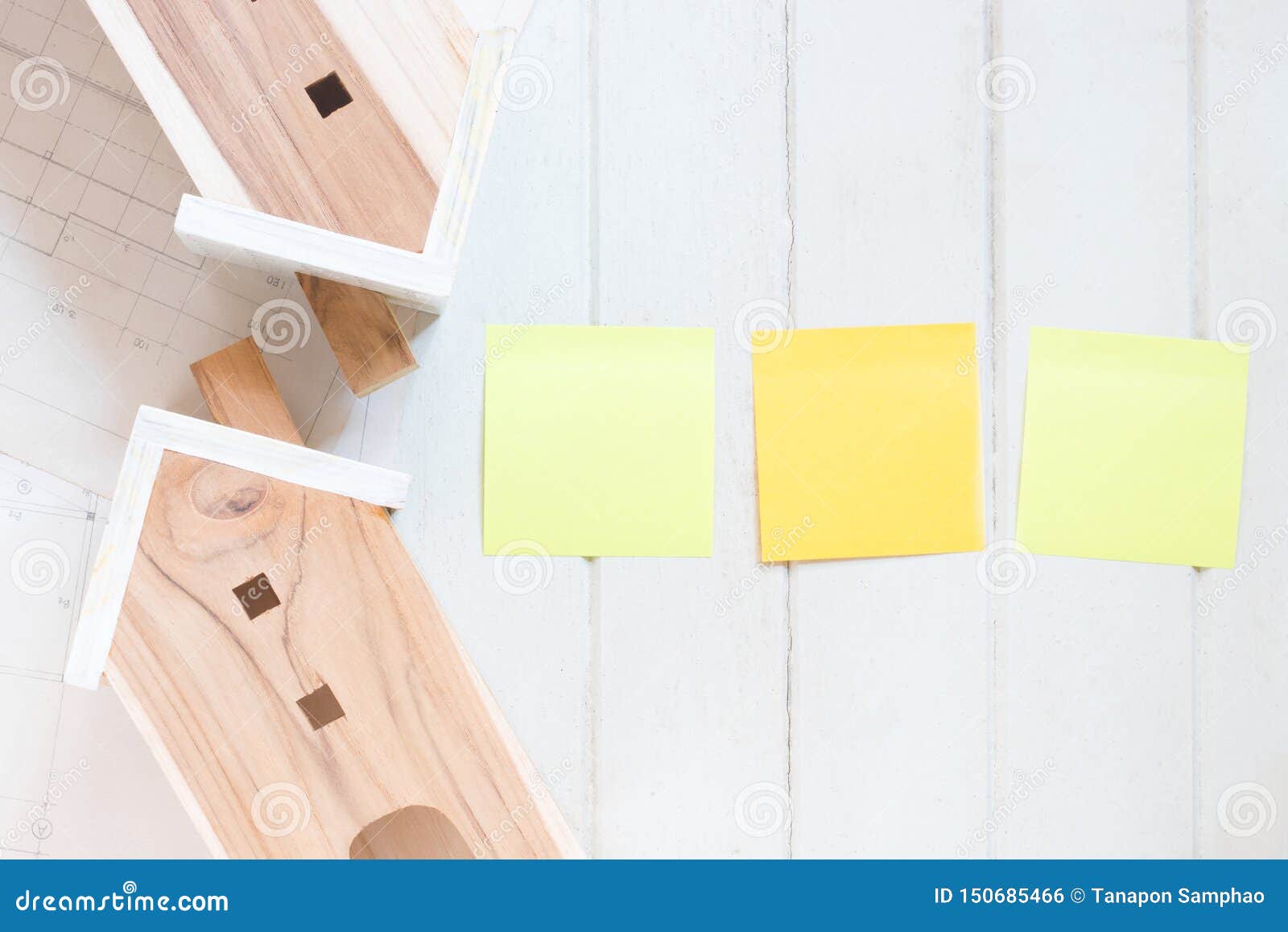 Miniature House Model with Blueprint Plan, Blank Sticky Note Stock ...
