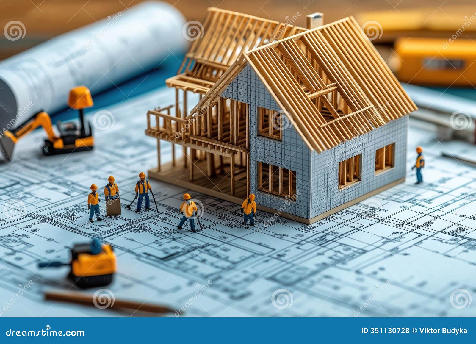 Miniature House Model Placed on Construction Blueprints. Tiny Workers ...
