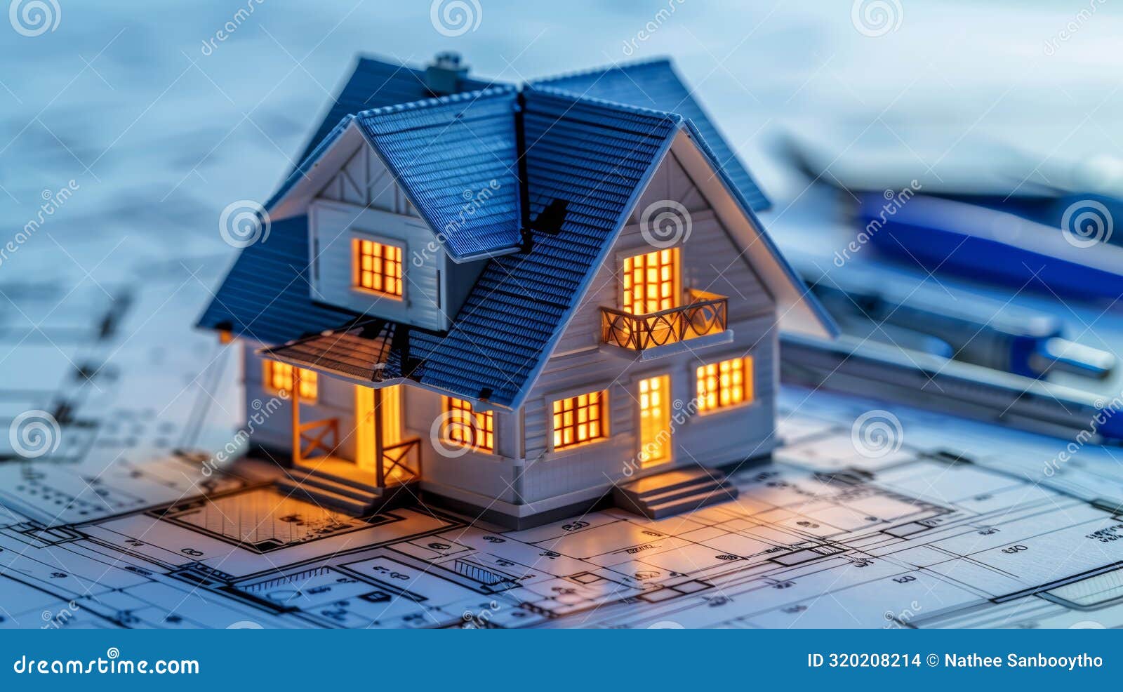 A Miniature House Model Sits on Blueprints with Warm, Glowing Windows ...