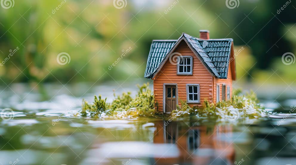 Miniature House Surrounded by Water and Greenery Stock Photo - Image of ...