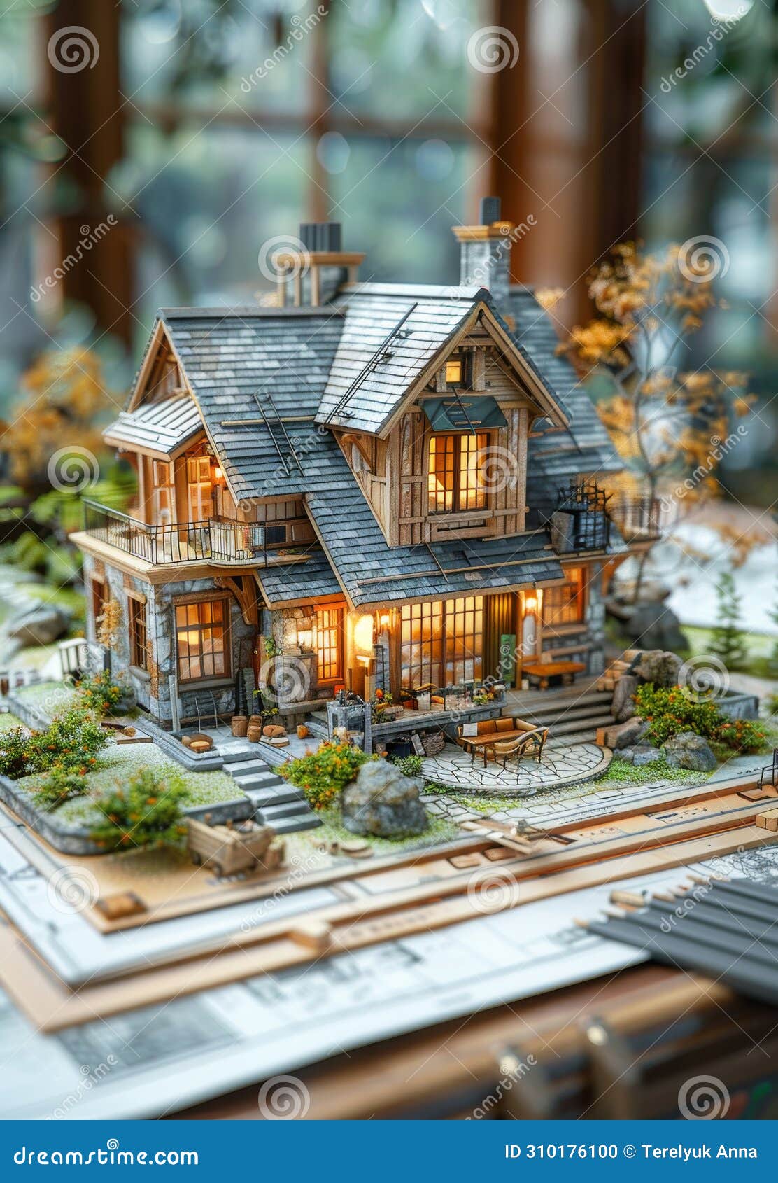 Miniature House on the Table with Blueprints and Architectural Plans ...