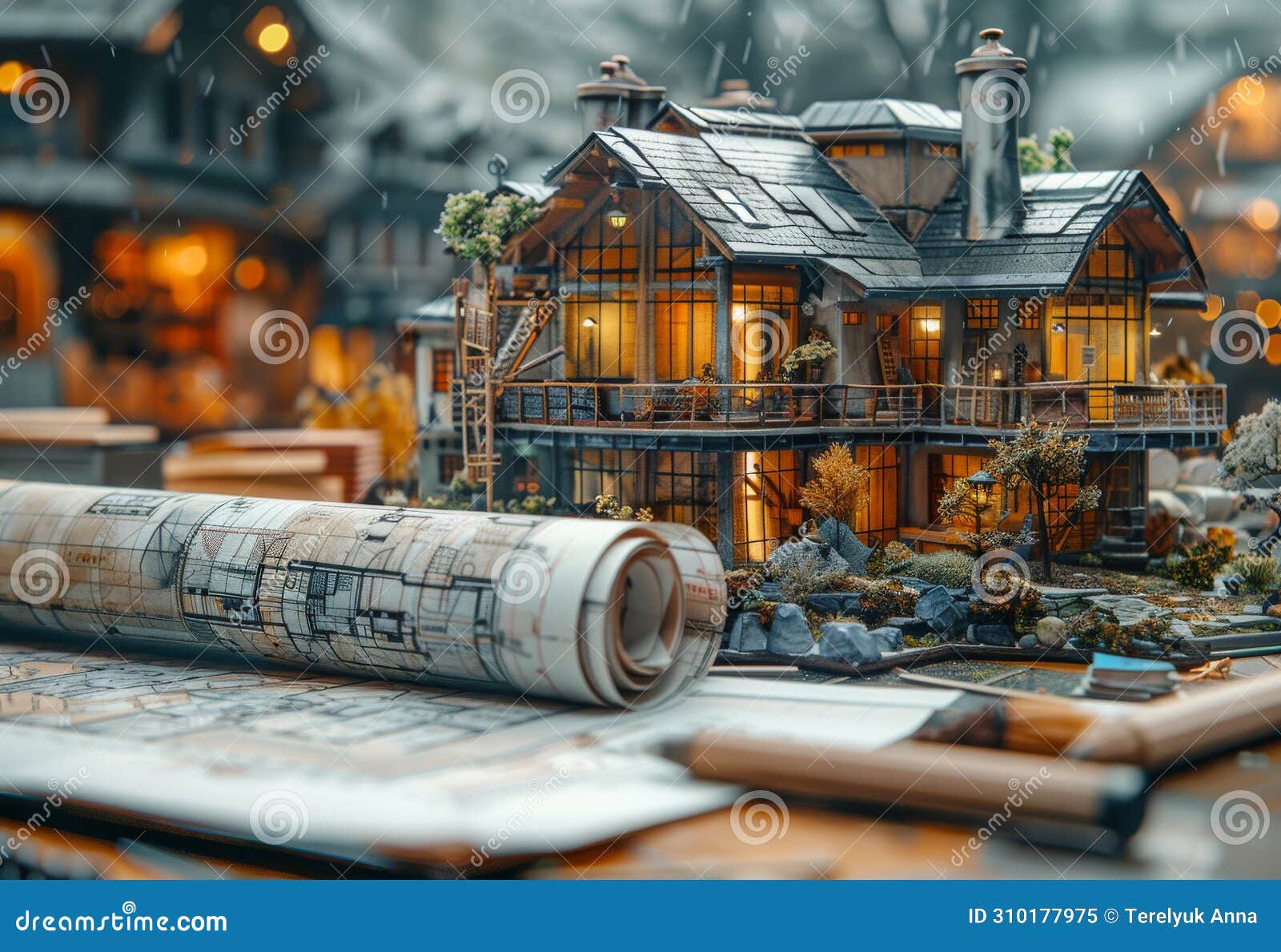 Miniature House on the Table with Blueprints and Architectural Plans ...