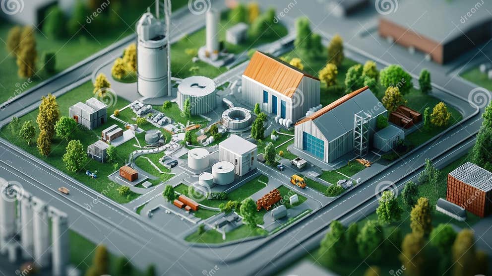 A Miniature Industrial Complex - a 3D Model of a Modern Factory Stock ...