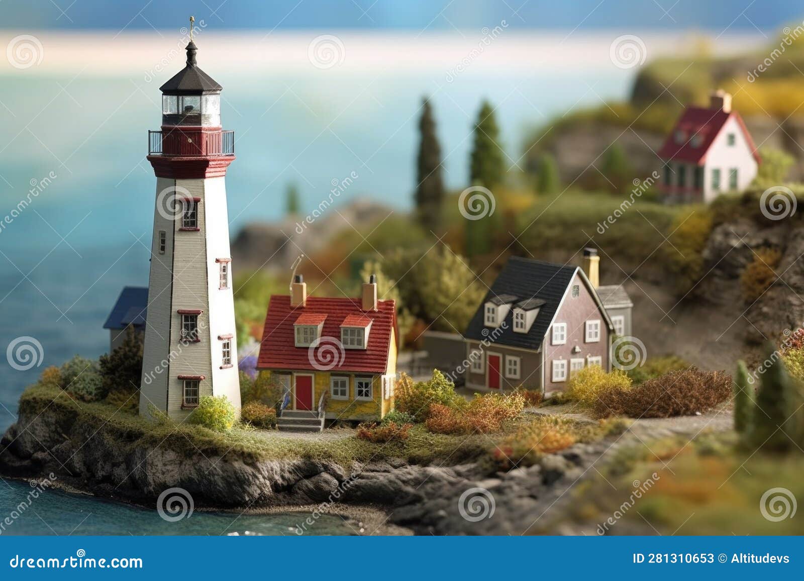 Miniature Lighthouse Overlooking a Coastal Village Stock Image - Image ...
