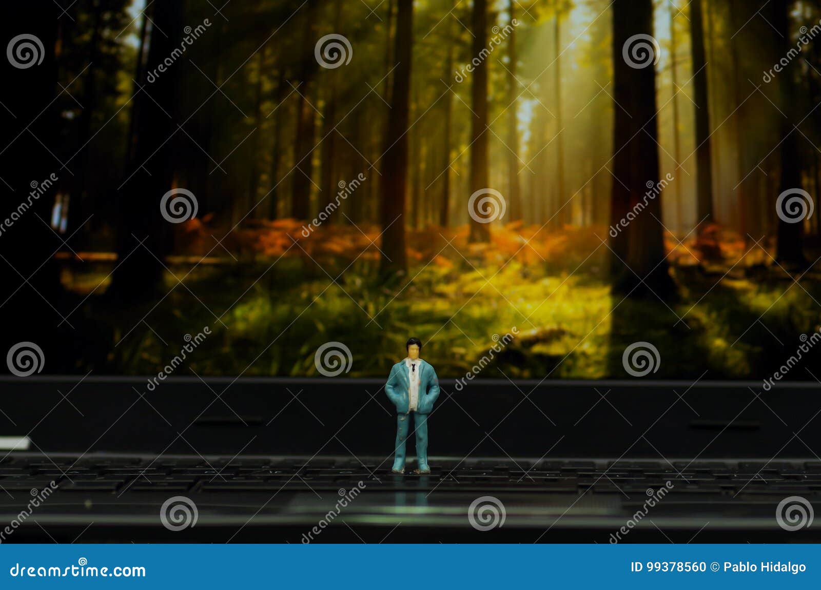 Miniature Little People, Man Over a Computer Keyboard, in a Nature ...