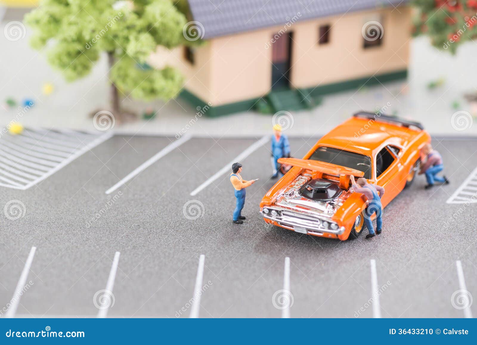 Miniature Mechanics Working on a Car Stock Photo - Image of failure ...