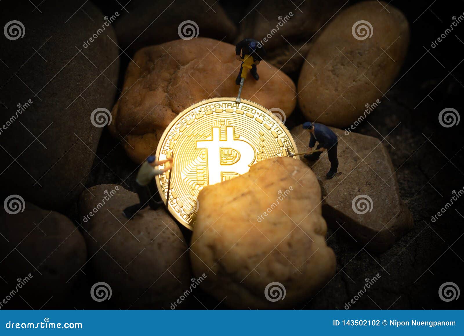 Miniature Miners Digging Golden Bitcoin in Mine Stock Photo - Image of ...