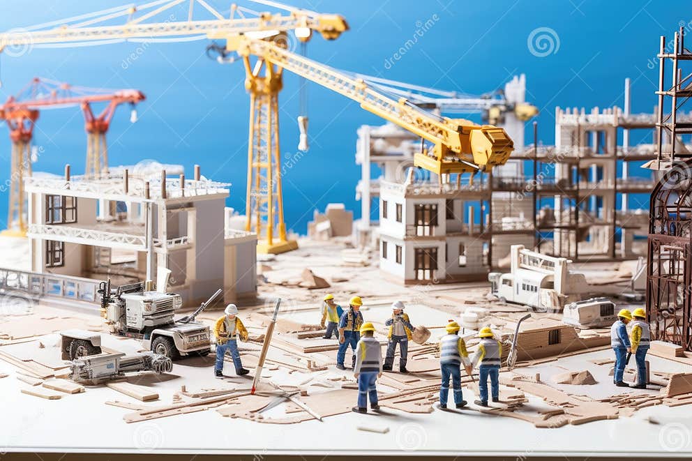 Miniature Model of the Construction Site with Cranes and Workers Stock ...