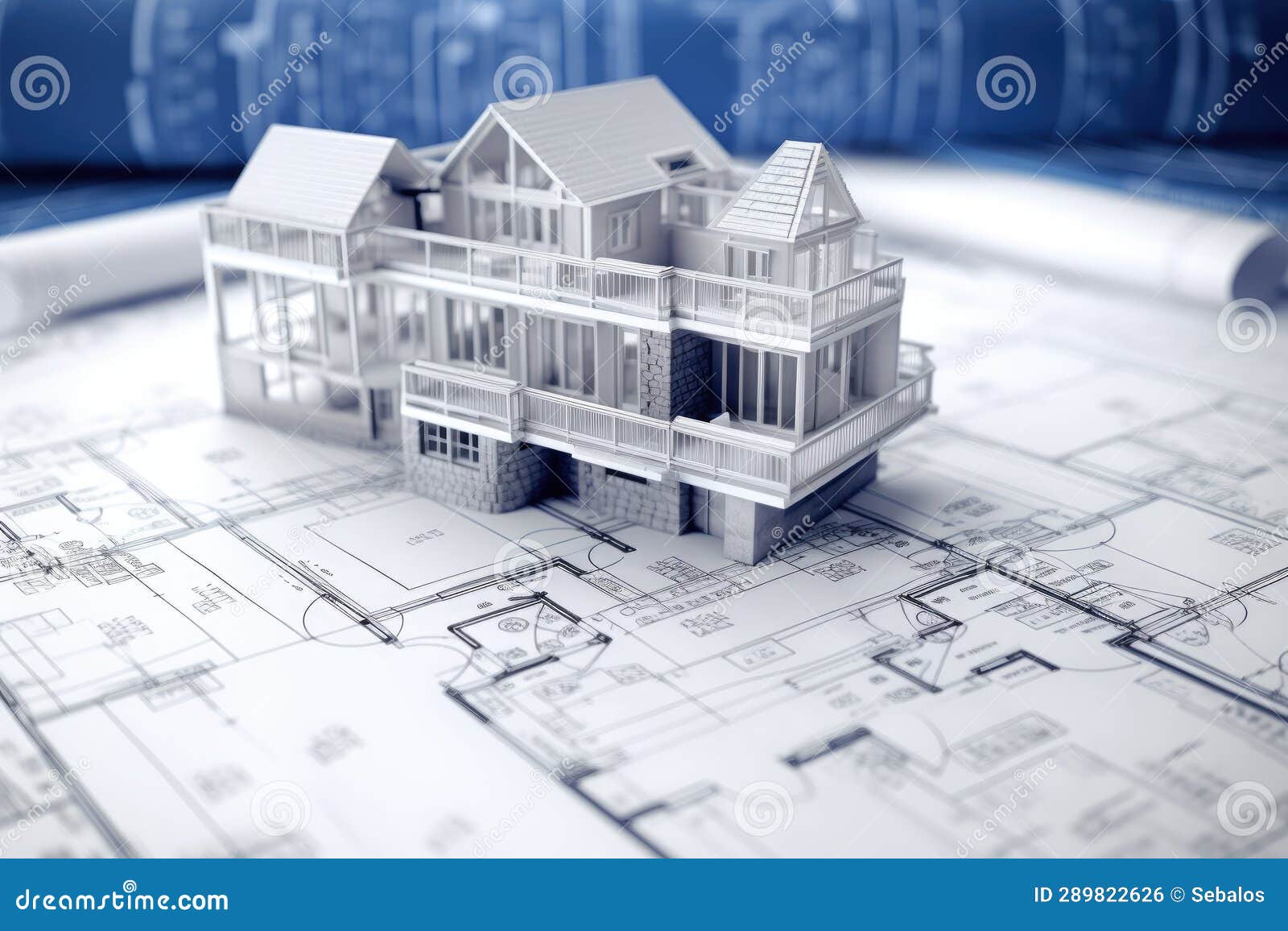 A Miniature Model House on Blueprints Stock Illustration - Illustration ...