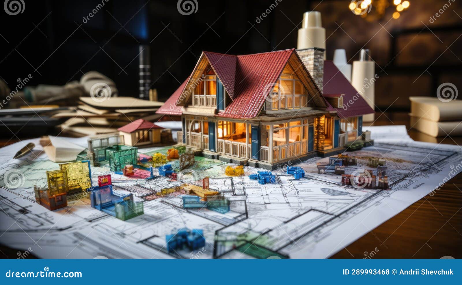 Miniature Model House with Blueprints on Wooden Table. Construction ...