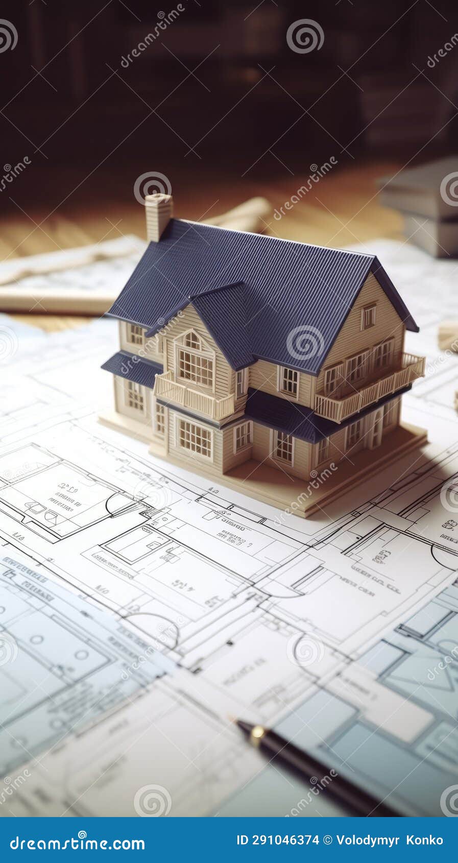 A Miniature Model House on Top of a Blueprint, Representing ...