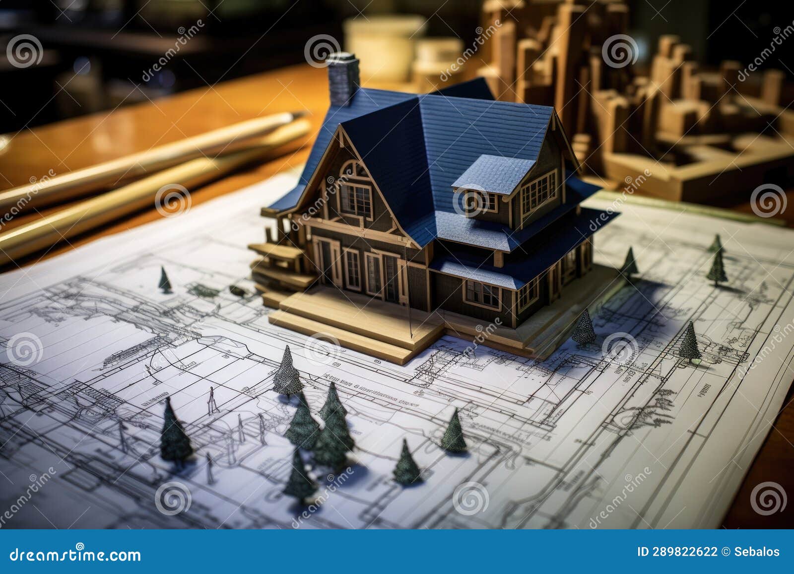 A Miniature Model of a House on Top of Blueprints with Trees and Other ...