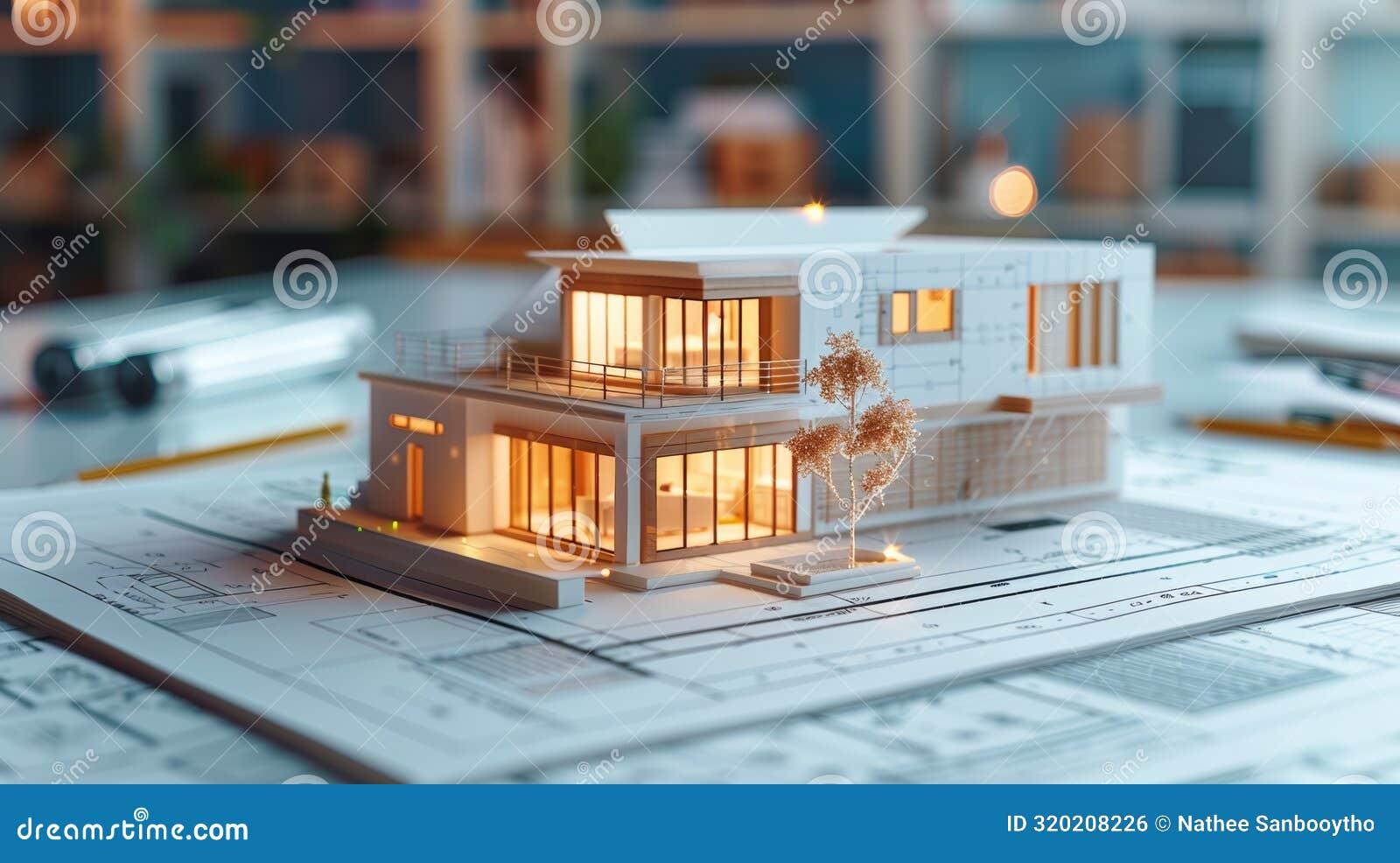 A Miniature Model of a Modern House Sits on a Blueprint, Illuminated ...