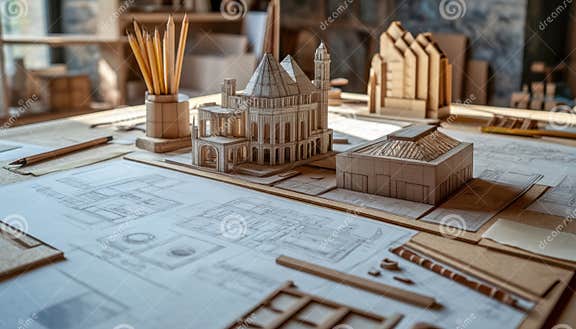Model Architectural Designs Displayed on a Workspace with Detailed ...