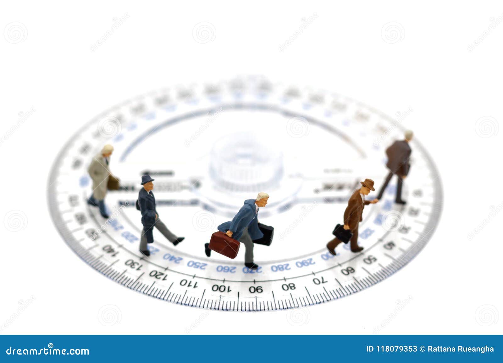 Miniature People: Business Team Walking on Circle Ruler. Stock Image ...