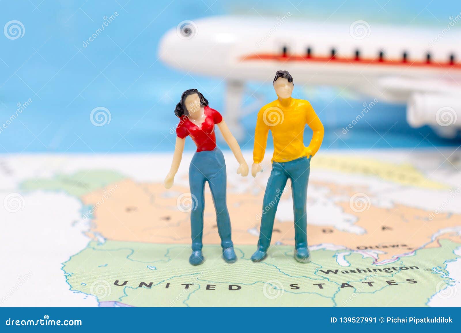 Miniature People, Couple Standing on Map American Stock Image - Image ...