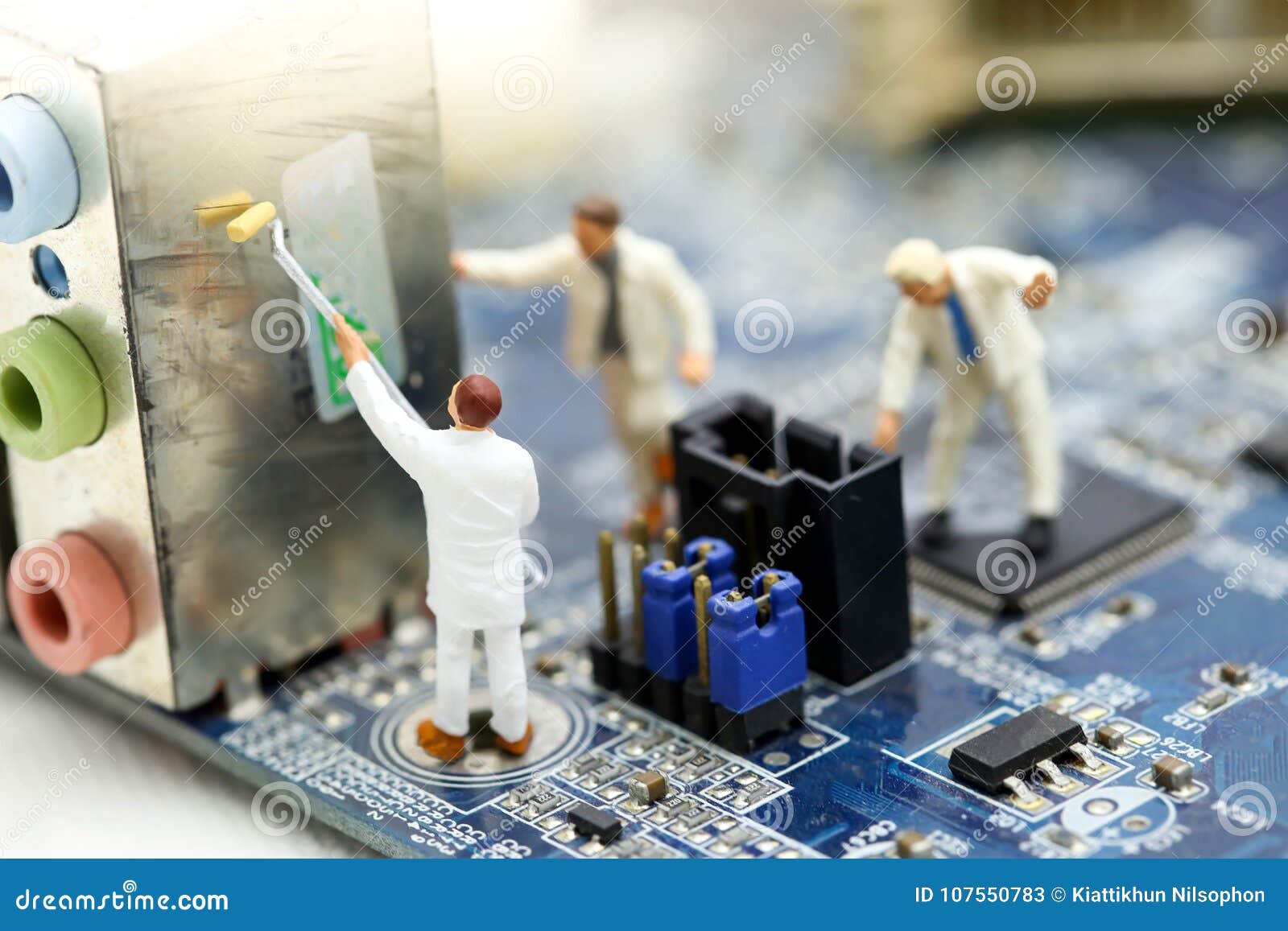 Miniature People : Engineer and Worker Working on Computer Mainb Stock ...