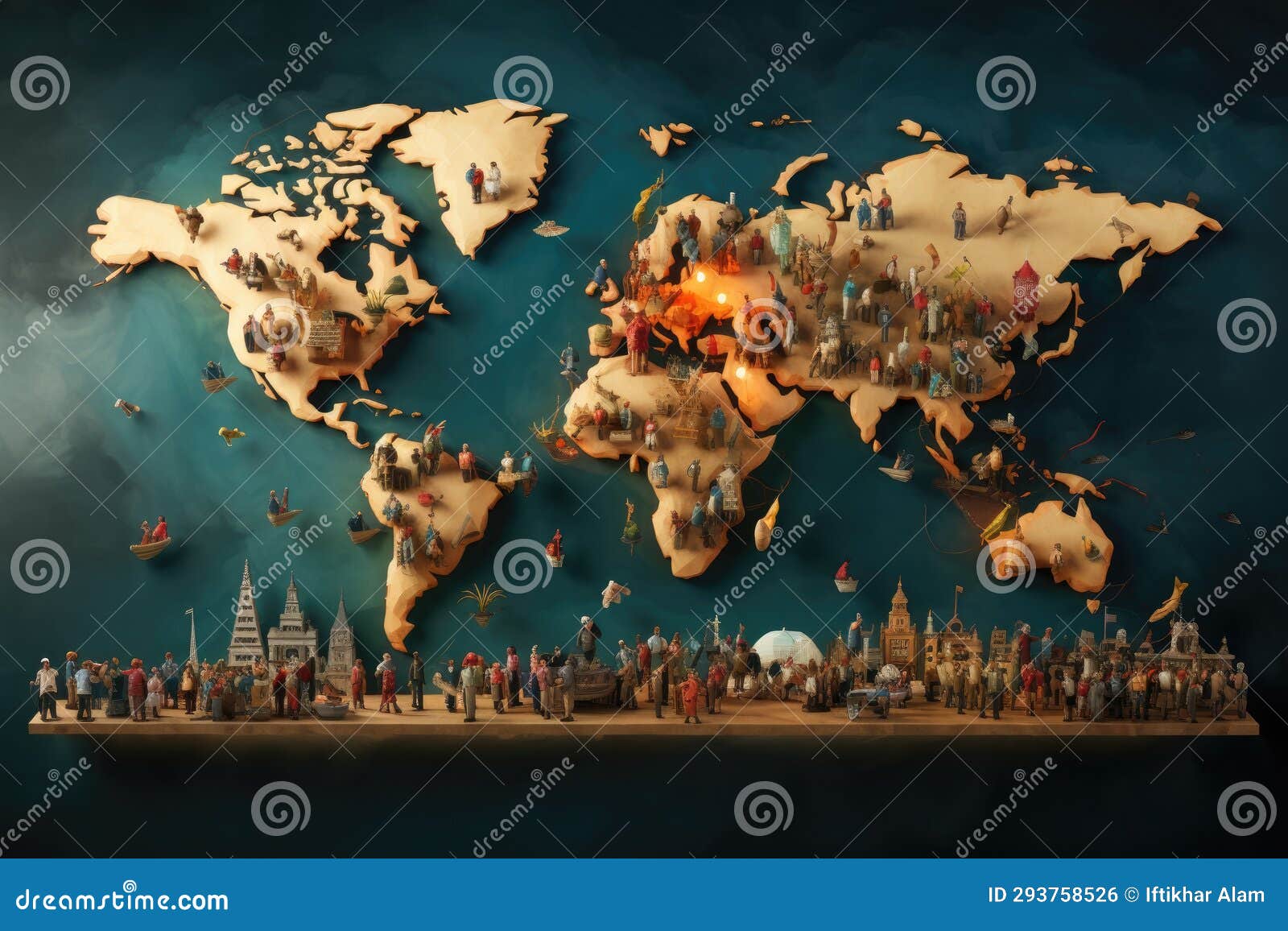 Miniature People in Front of a World Map. 3D Rendering, Crowd of ...