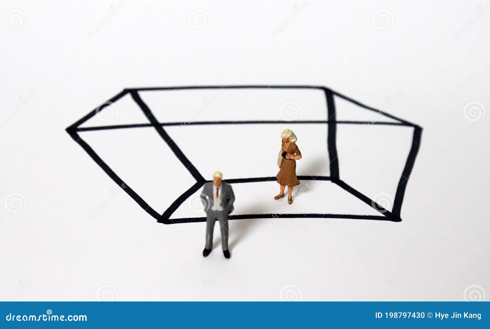 Miniature People and a Rectangle of Black Solid Lines. Stock Photo ...
