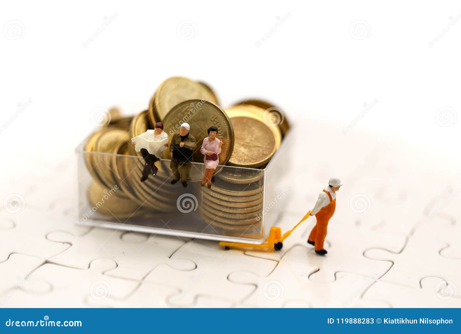 Miniature People : Worker Pulling Stack Coins with People Sitting ...