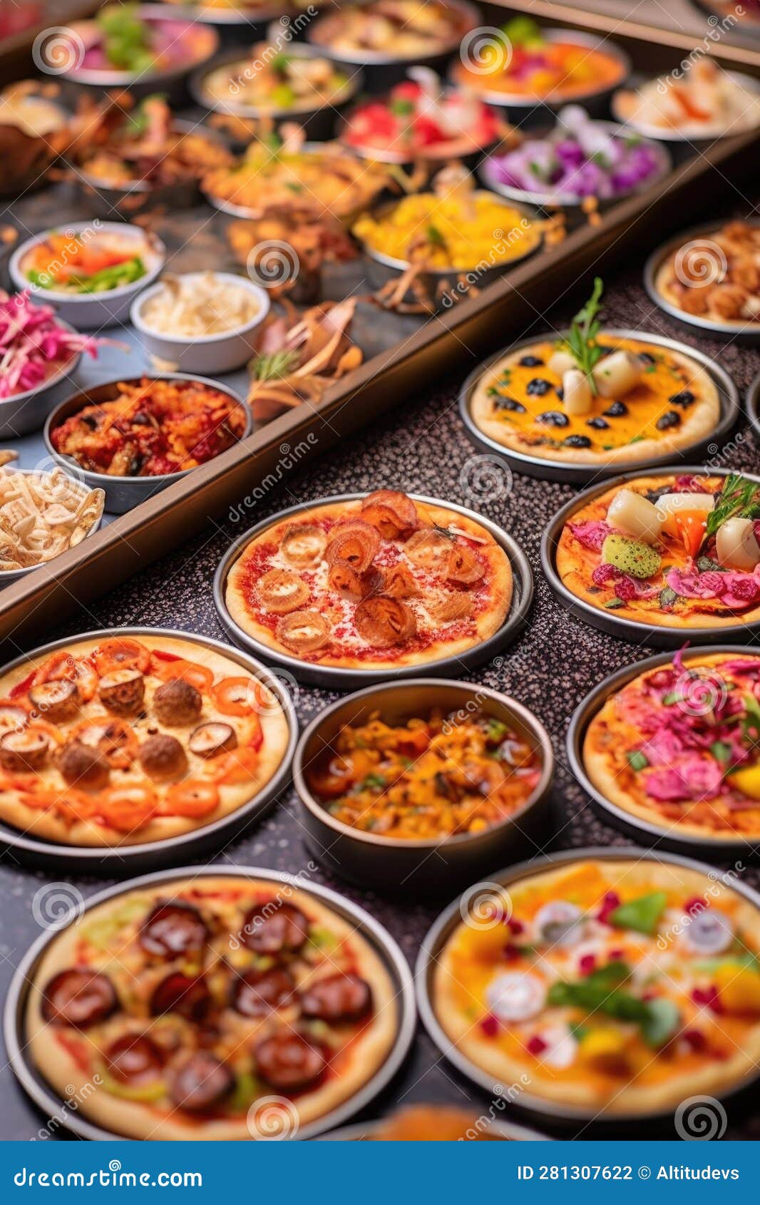 Miniature Pizzas with Different Toppings on a Large Baking Tray Stock ...